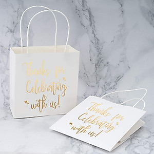 LaRibbons Small Size Gift Bags - Gold Foil Thanks for celebrating with us White Paper Bags with Handles for Wedding, Birthday, Baby Shower, Party Favors - 12 Pack - 6.5" x 3.5" x 6.5"