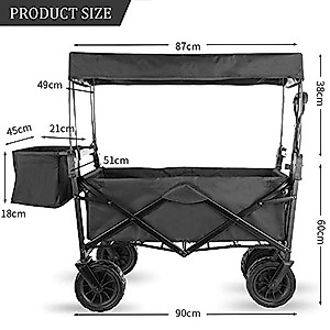All Terrain Folding Beach Wagon with Canopy,Heavy Duty Collapsible Utility Wagon Transport Trolley,Outdoor Garden Wagon Portable Shopping Cart