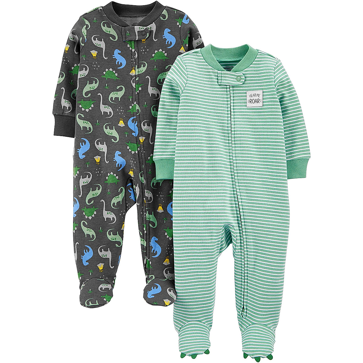 Simple Joys by Carter's Baby Boys' 2-Pack 2-Way Zip Cotton Footed Sleep and Play, Dark Grey Dinosaur/Mint Green Stripe, 3-6 Months