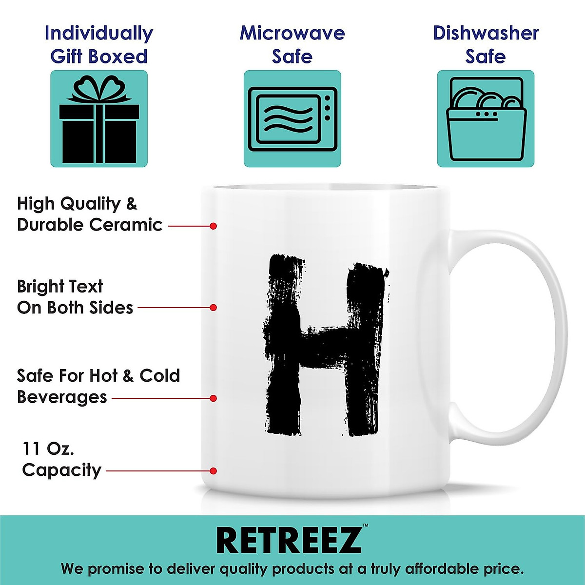 Retreez Initial A-Z Hand Drawn Grunge Alphabet Monogrammed Monogram Mug 11 Oz Ceramic Tea Coffee Mugs - Appreciation Thank You Holiday Birthday Gifts for her friend coworker sister bestie - H Initial