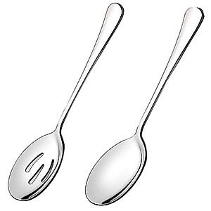 Serving Spoons Set, Oikejias 6 Pack Golden 8.7 Inches Buffet Serving Utensils 3 Mirror Polished Serving Spoons, 3 Slotted Spoons