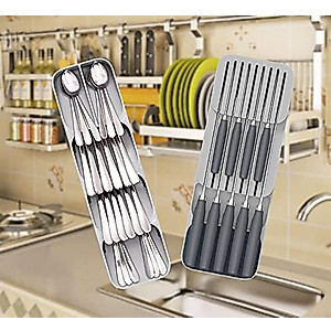 YFSJ Kitchen DrawerStore Tray Knife Holder Drawer and Cutlery Storage Box 2-Piece Set Suitable for Storage of Tableware Spoons, Knives and Forks(Gray)
