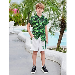 uideazone 5 Years Dinosaur Green Boys 3D Printed Holiday Button Down Shirt Novelty Tropical Themed Hawaiian Tops Clothes for Boys 5-6T