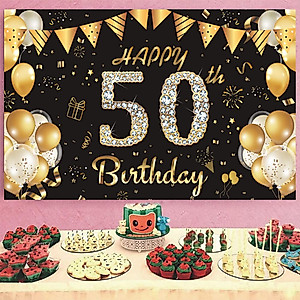 50th Happy Birthday Banner Backdrop for Men Black and Gold Party Decorations Happy Birthday Backdrop for Women Black and Gold Birthday Photo Backdrop 70.87*45.28in