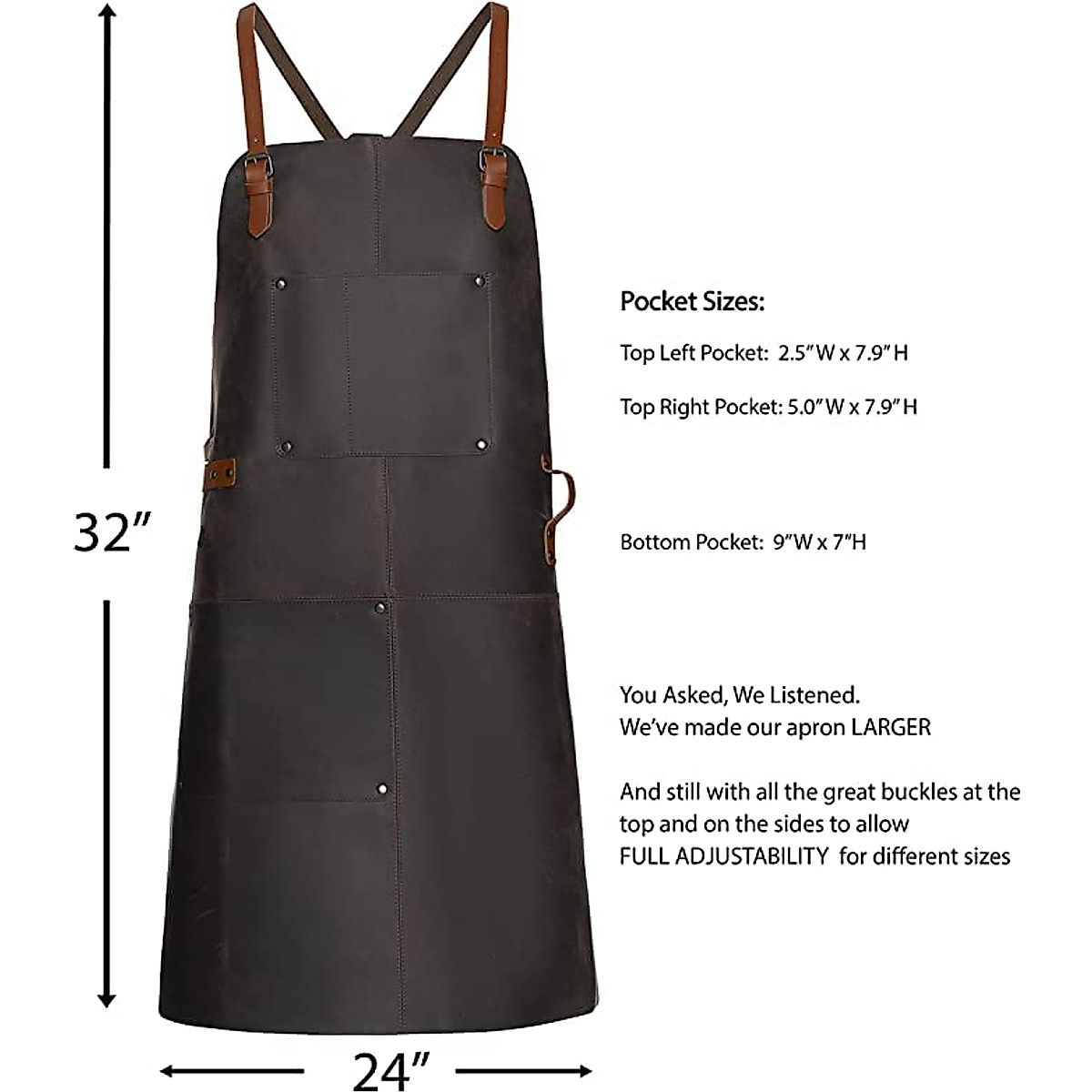 Theodore Top Grain Leather Apron - 32.5” H x 24.5” W with Adjustable Crossback Leather Straps. Our Leather Apron for Men has 2 Large Pockets and a Towel Strap. Grill Apron is Flame & Heat Resistant