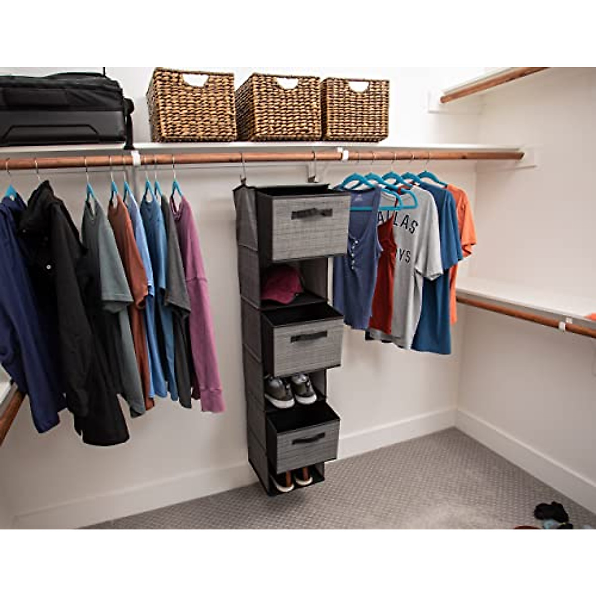 Internet's Best Hanging Closet Organizer with Drawers - 6 Shelf - 3 Drawers - Clothing Sweaters Shoes Accessories Storage - College Dorm Essential - Grey