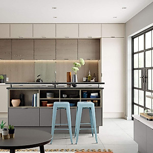 Furniwell 30 Inches Metal Bar Stools High Backless Tolix Indoor-Outdoor Stackable Barstool with Square Counter Seat Set of 4 (Blue)