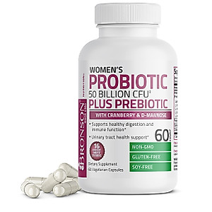 Bronson Women's Probiotic 50 Billion CFU + Prebiotic with Cranberry & D-Mannose – Vaginal Health, Healthy Digestion, Immune Function and Urinary Tract Support, Non-GMO, 60 Vegetarian Capsules