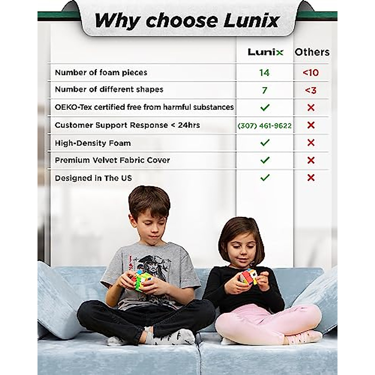 Lunix LX15 14pcs Modular Kids Play Couch, Child Sectional Sofa, Fortplay Bedroom and Playroom Furniture for Toddlers, Convertible Foam and Floor Cushion for Boys and Girls, Blue