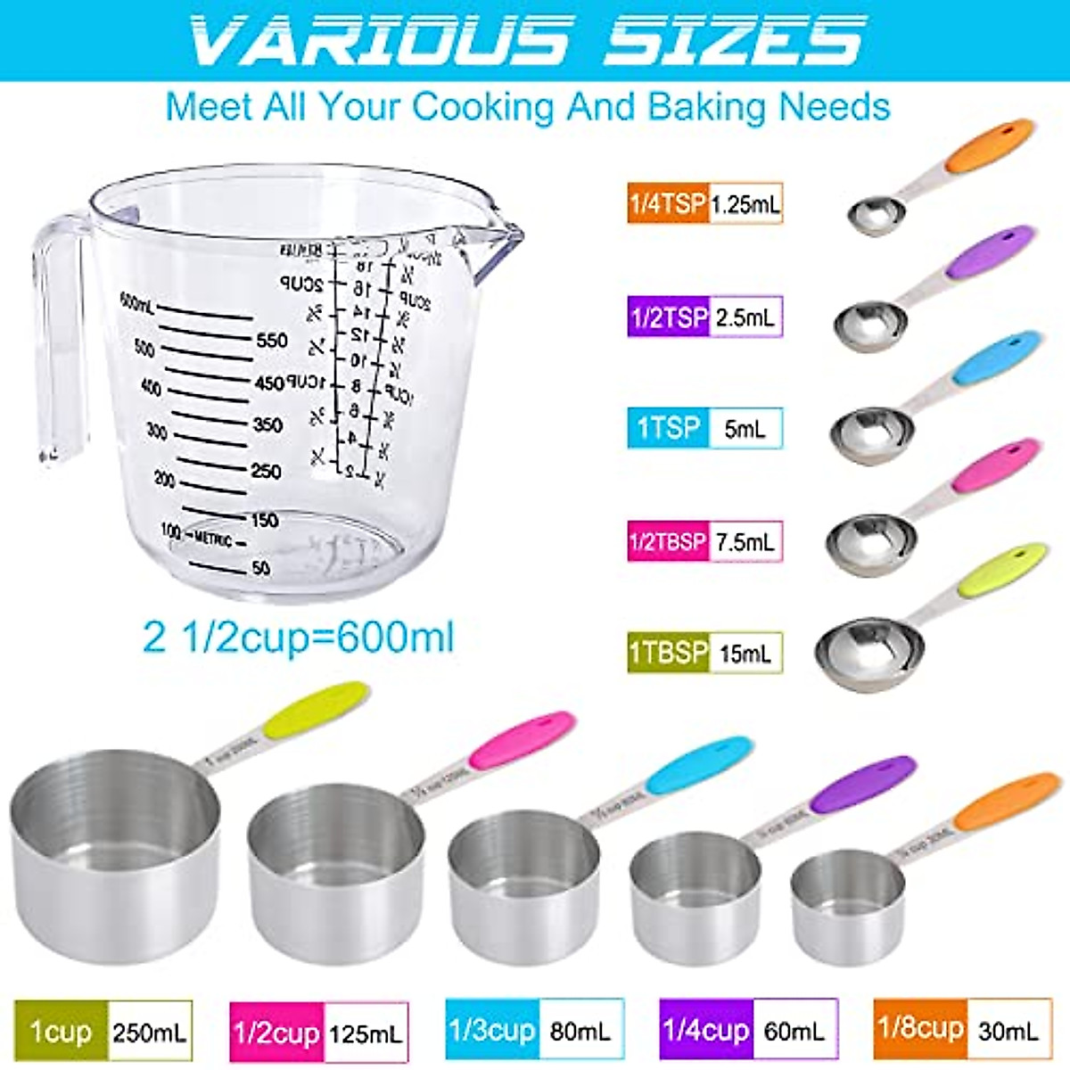 12 PCS Measuring Cups and Spoons Set Stackable Metal Measuring Spoons and Cups in 18/8 Stainless Steel Transparent Measuring Cup and Funnel Used for Dry and Liquid Kitchen Parent-Child Baking Cooking