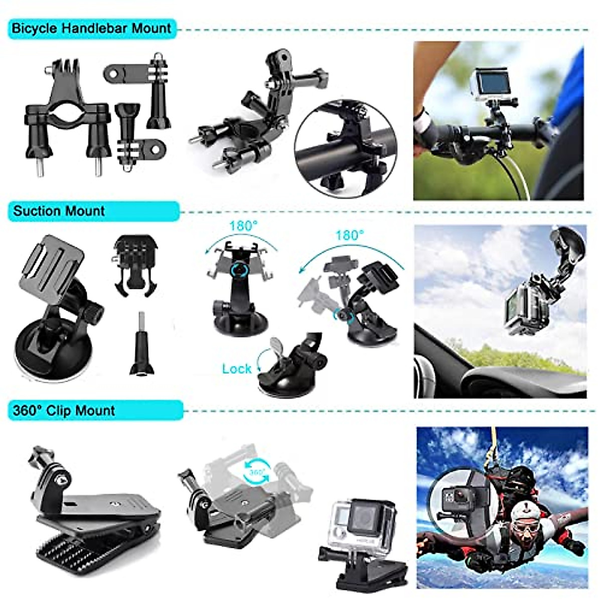 Action Cameras Accessory Kit, Bonvvie 50-in-1 Sports Camera Accessory Kit Compatible with Hero 13/12/11/10/9/8/7 Black, Max/Fusion, Insta360 Osmo Action SJCAM SJ6000 SJ5000 Campark REMALI