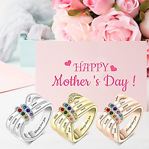 Seecoco Sterling Silver Personalized Mother Rings with 1-8 Simulated Birthstones for Woman Engraved Name Ring Custom Family Ring for Mom, Grandmother in Mother Days, Birthday, Christmas (Color 3)