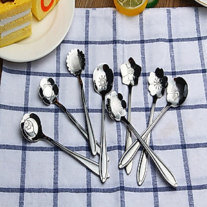 ERCRYSTO Stainless Steel Tableware Creative Flower Coffee Spoon, Stirring Spoon, Sugar Spoon, Stir Bar Spoon, Mixing Spoon, Tea Spoon, Ice Tea Spoon, Ice Cream Spoons, 8 Different Patterns in 1 Set