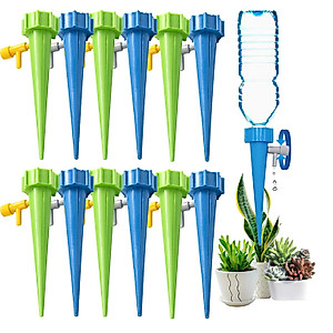 Self Watering Spikes, Slow Release Control Valve Switch Automatic Irrigation Watering Drip System, Adjustable Water Volume Drip System for Vacation and Outdoor Plant Watering-12Pack（6 green&6 blue）