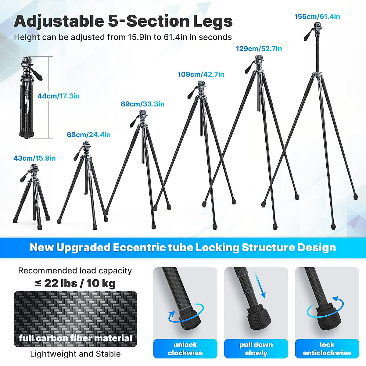 ULANZI F38 Video Travel Tripod, 61.4" Carbon Fiber Tripod w Quick Release Fluid Head, 2.38lbs Ultra Lightweight Portable Stable Professional Camera Photo Video Tripod, Load up to 22lbs, with Bag