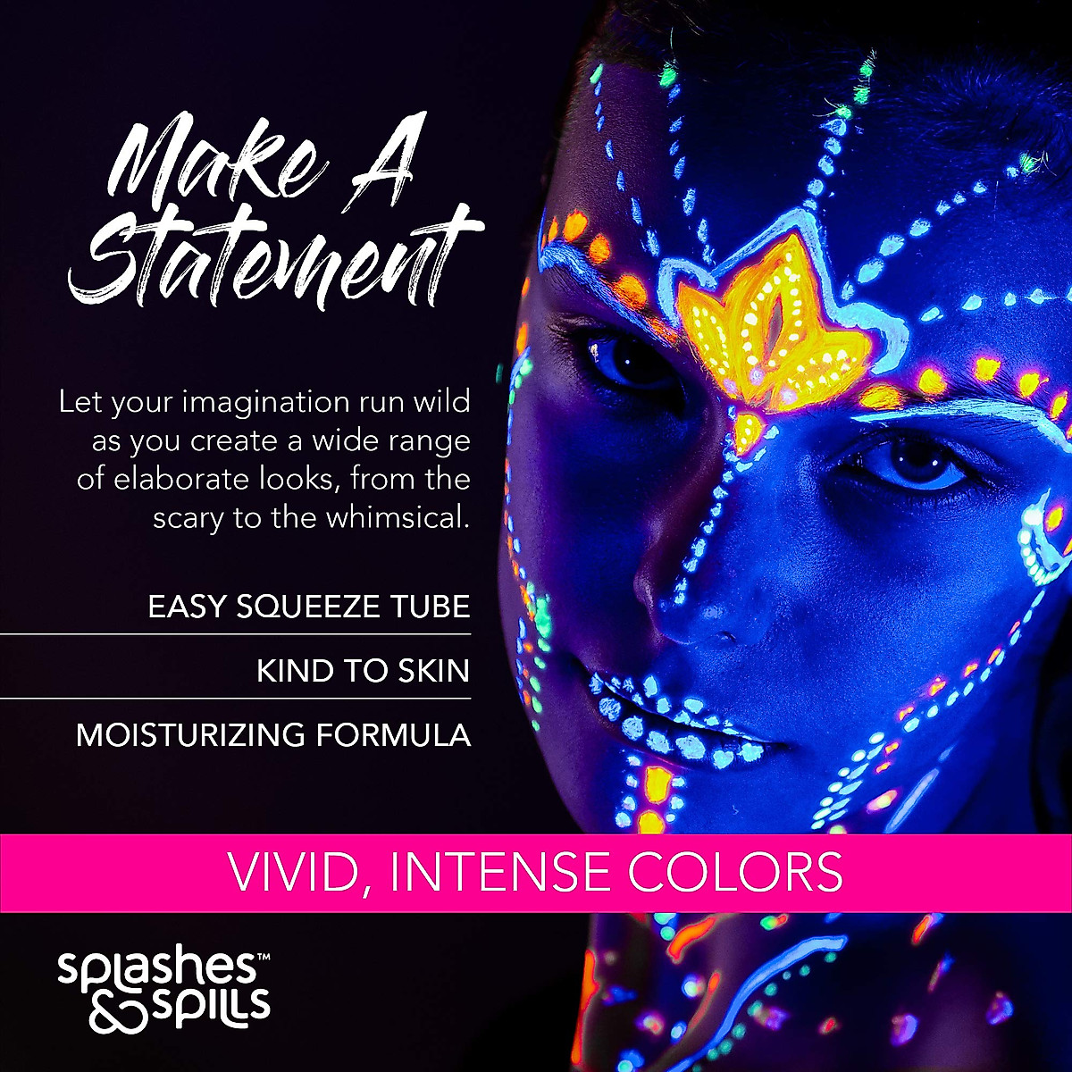 UV Body Paint 10ml - 6 Pack - Glow Paint, Glow in the Dark Body Paint for Adults, Uv Paint, Neon Glow in the Dark Face Paint, Black Light Paint, Neon Face Paint, Neon Body Paint by Splashes & Spills