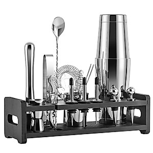 Soing 24-Piece Cocktail Shaker Set,Perfect Home Bartender Kit for Drink Mixing,Stainless Steel Bar Tools with Stand,Velvet Carry Bag & Recipes Cards Included (Silver)