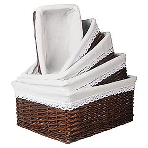 Wicker Storage Basket, Handmade Wicker Baskets for Shelves Set of 5, Rectangular Organizing Baskets with Linings, Decorative Woven Basket Storage Bins for Home (5 sizes, Brown)