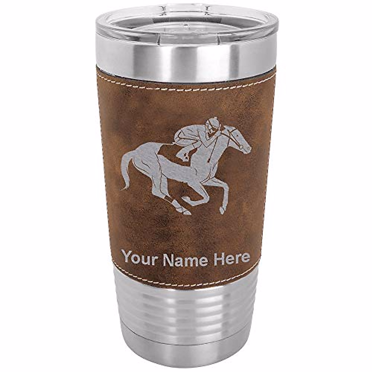 LaserGram 20oz Vacuum Insulated Tumbler Mug, Horse Racing, Personalized Engraving Included (Faux Leather, Rustic)