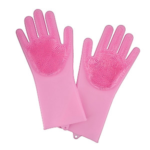 7Penn Reusable Dishwashing Gloves with Scrubber Bristles, Pink - Silicone Scrub Dish Cleaning Gloves for Men and Women