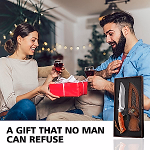 QIXENIO M390 Steel Handmade Hunting Knife, Fixed Blade Full-Tang with Leather Sheath, Red Wood Non-Slip Handle - Survival, Tactical, Camping knives