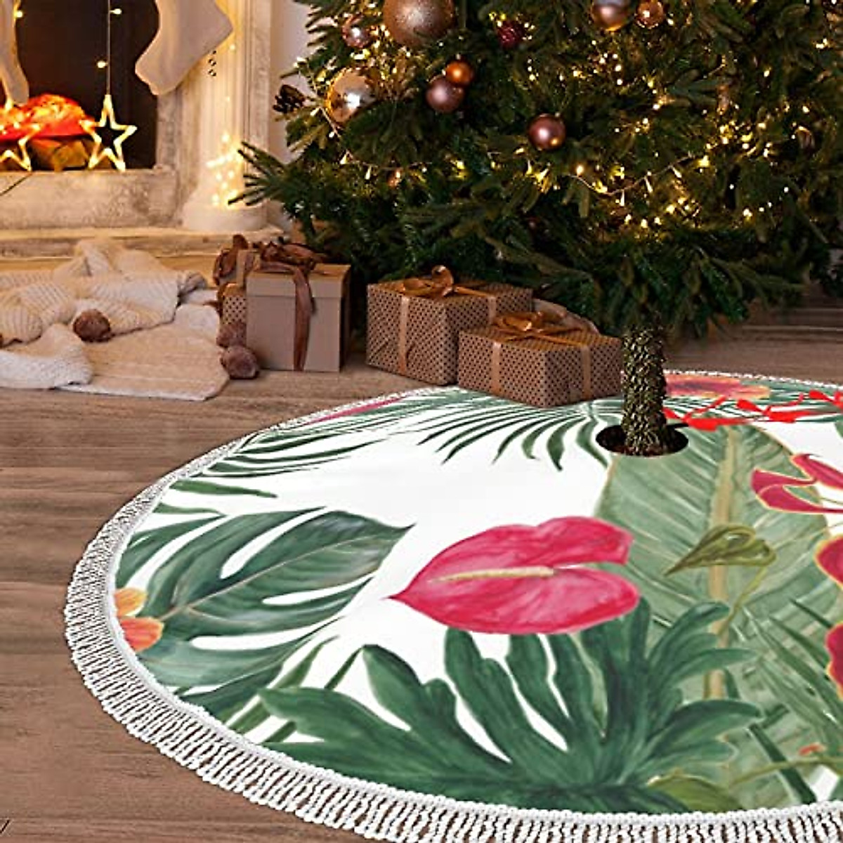 Christmas Tree Skirt 30" - Summer Hawaiian Printed Tree Skirt with Tassel Xmas Tree Decoration for Christmas Holiday