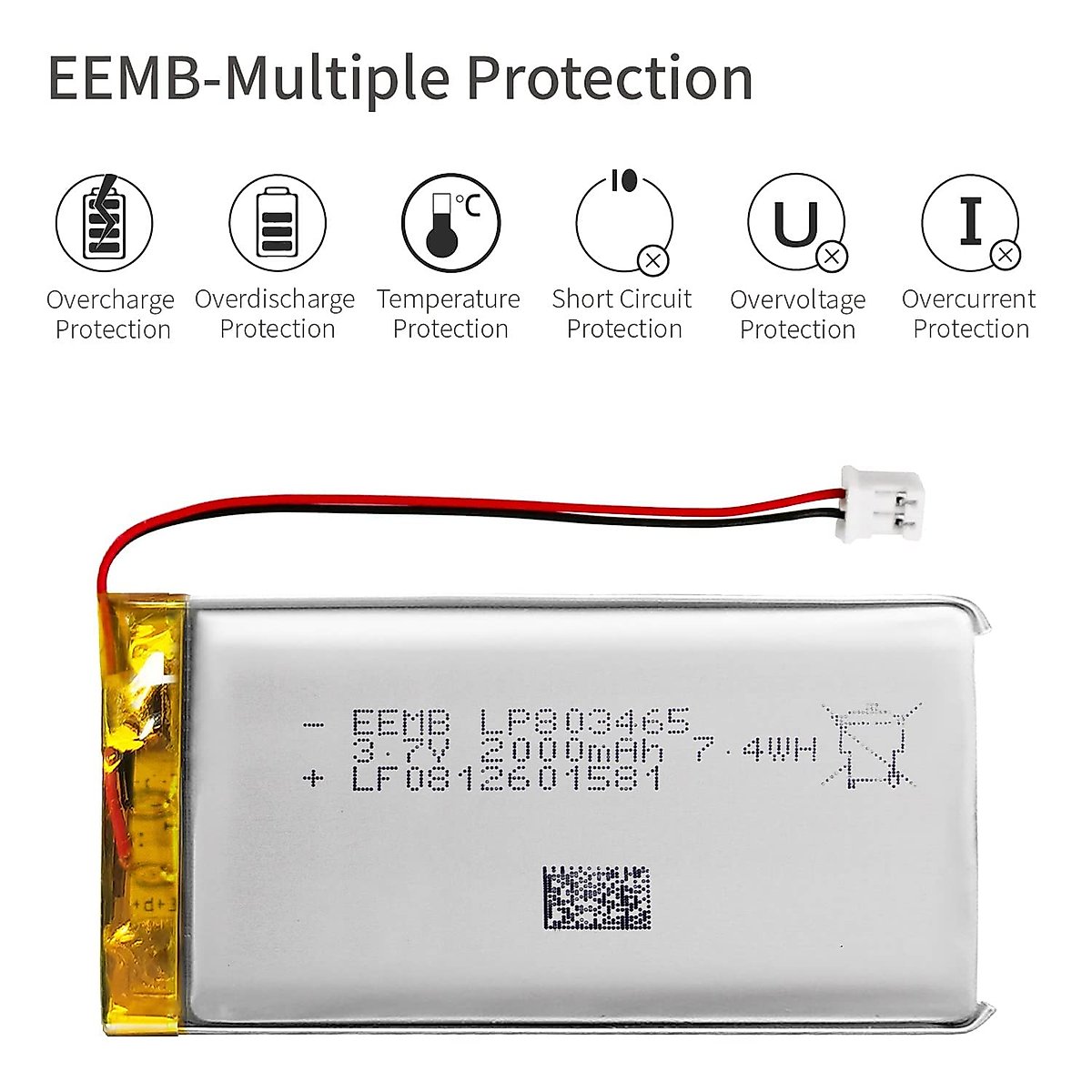 EEMB Lithium Polymer Battery 3.7V 2000mAh 803465 Lipo Rechargeable Battery Pack with Wire JST Connector for Speaker and Wireless Device- Confirm Device & Connector Polarity Before Purchase