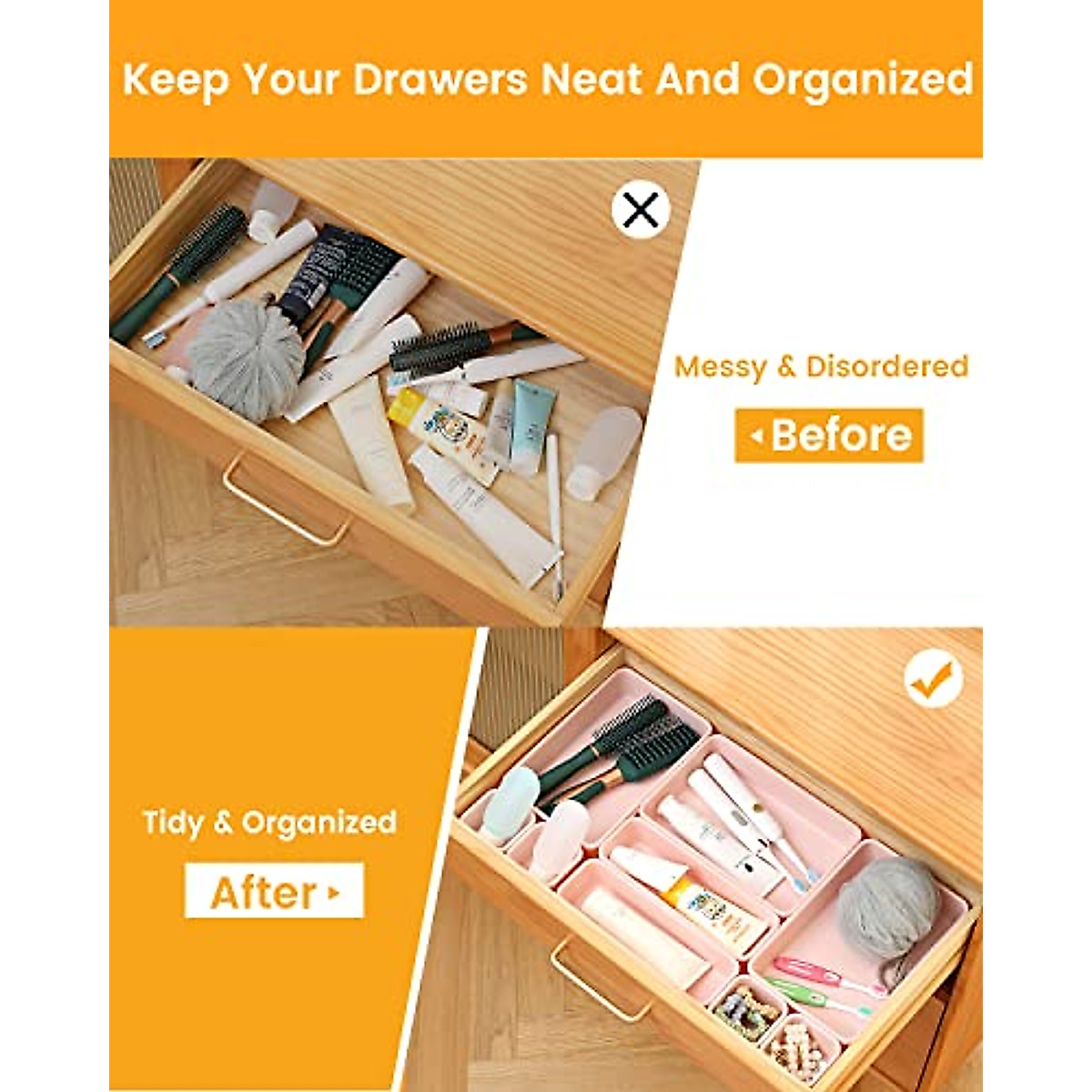 Famhap 16 PCS Pink Desk Drawer Organizers, Versatile Bathroom and Vanity Drawer Organizer Trays, Storage Bins for Makeup, Bedroom, Kitchen Gadgets Utensils and Office (Pink)