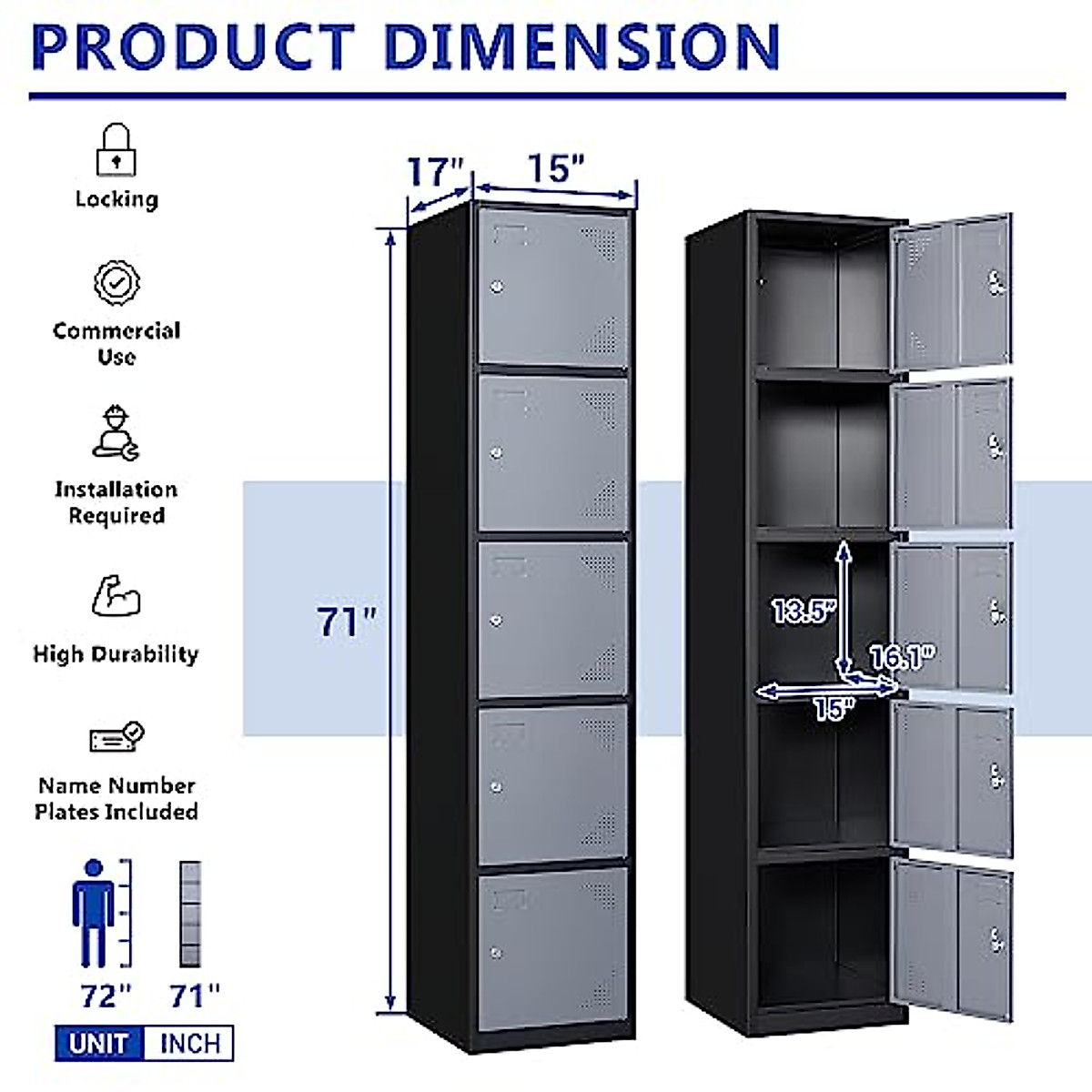 BYNSOE Metal Locker 5 Doors 71" Employees Locker Storage Cabinet Locker School Hospital Gym Locker Requires Assembly (Black Gray 5 Door-71)