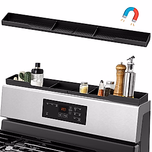 AWOKE Stove Top Shelf 30 Inch - Silicone Material Magnetic Shelf for the Stove - 3 Functional Partitions Kitchen Spice Rack Organizer - Dark Grey