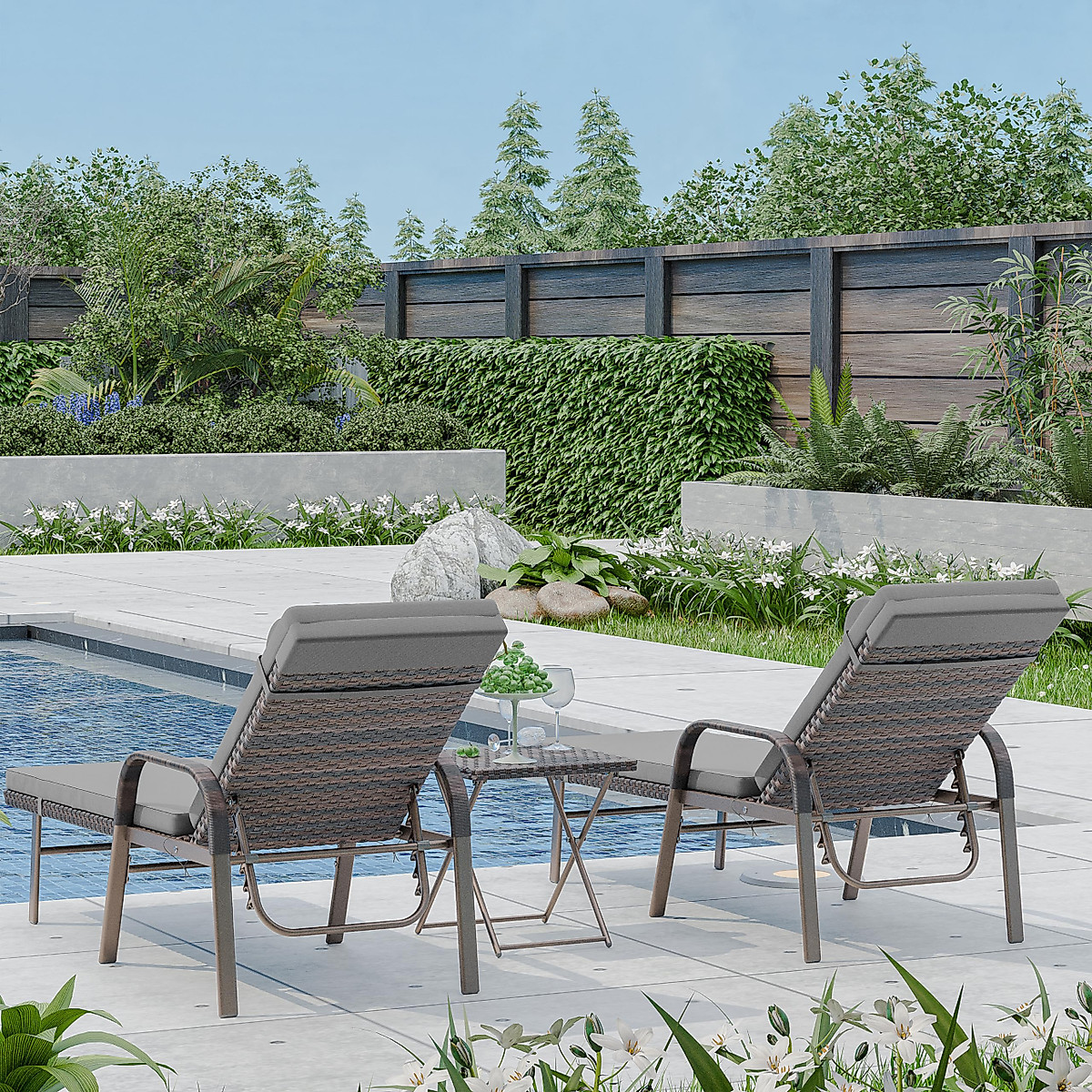 Knnbxa 3 Pieces Outdoor Chaise Lounge Set Rattan Wicker Pool Lounge Chair w/Adjustable Backrest,Patio Armrest Chairs Recliner for Porch Beach,Grey