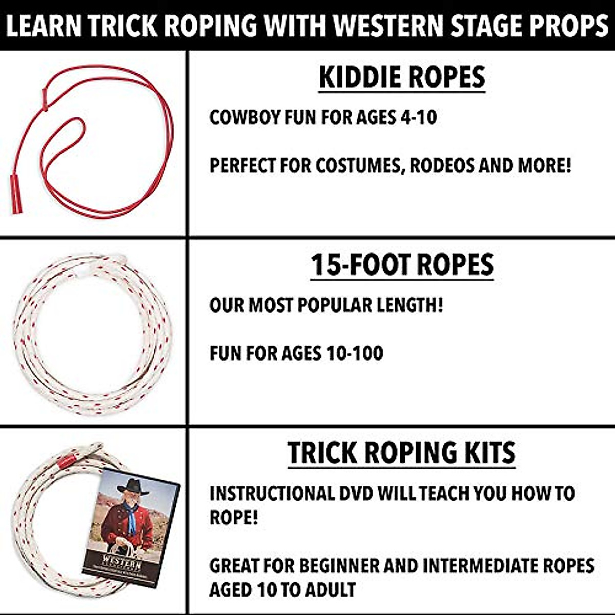 Western Stage Props - Cotton Trick Rope Lasso |Cowboy and Cowgirl Rope | Beginner or Advanced Lariat Looper Rope for Kids and Adults, 15 Foot