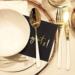 Congratulations Cocktail Napkins 50 Pack Gold Foil Congrats! Black Paper Napkins Party Supplies Disposable Bar Napkins Perfect for Engagement, Graduation, Baby Shower, Celebration Party 6.5'' x 6.5''
