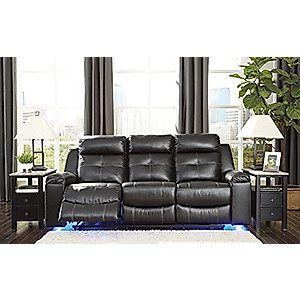 Signature Design by Ashley Kempten Faux Leather Manual Reclining Sofa with High Back and Blue LED Lighting, Black