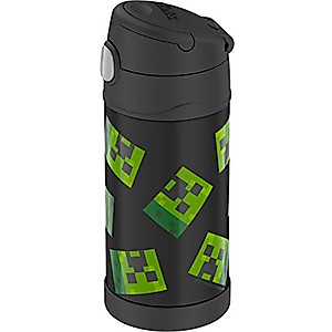 THERMOS FUNTAINER 12 Ounce Stainless Steel Vacuum Insulated Kids Straw Bottle, Dark Minecraft