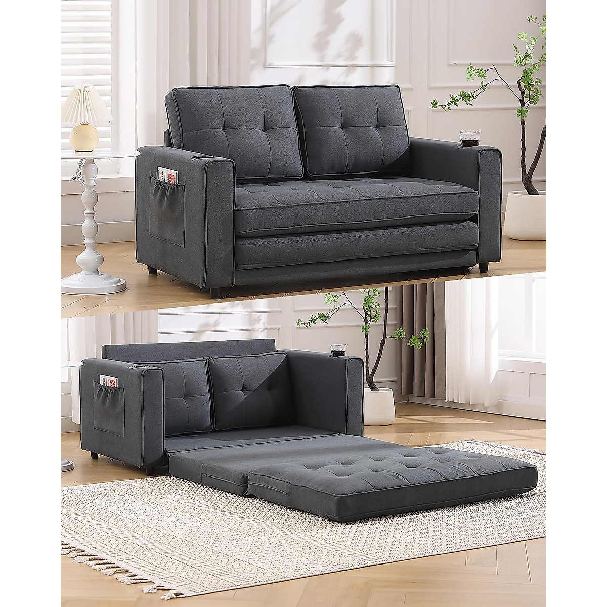 Miscoos 55" Folding Floor Sofa Chair Bed-Convertible Pull Out Sofa Bed, Futon Armchair Bed, Foldable Loveseat Sleeper, Floor Gaming Couch Bed Chair with Cup Holder for Small Space Dorm Apartment