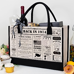 Crisky 50th Birthday Gifts for Women Canvas Tote Bag Vintage 1974 Beach Bag for Sister/Wife/Mom/Aunt/Friends 50th Birthday Gifts,17" x 12" x 7"