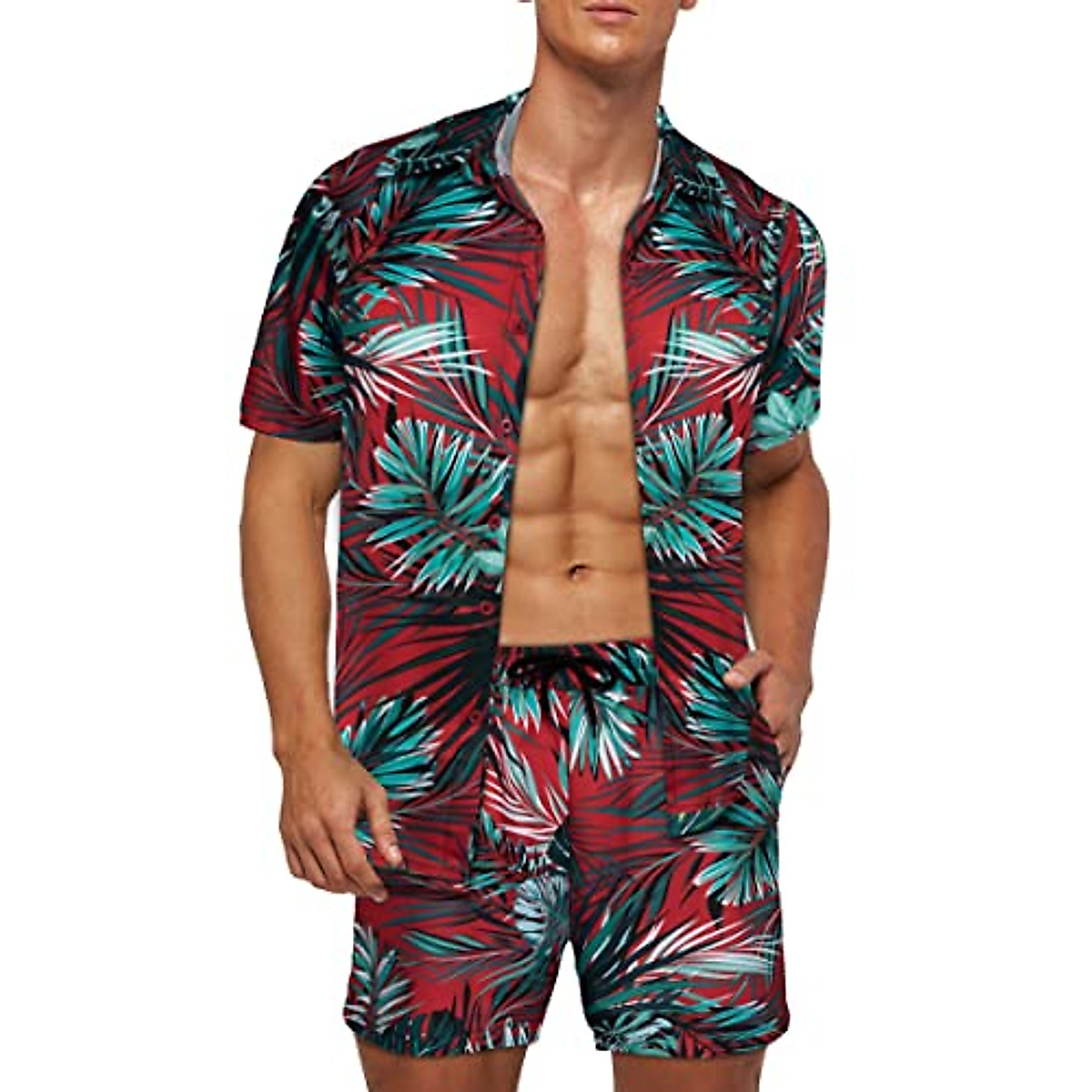 Mens Hawaiian Outfit 2 Piece Tracksuit Beach Shirt and Shorts Aloha Shirt Set, A11-2XL