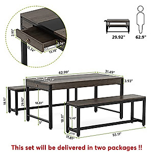 Tribesigns 63 Inch Large Dining Table Set for 4 to 6, Kitchen Breakfast Table with 2 Benches & Sided Drawer, 3-Piece Modern Industrial Bar Table Furniture for Dining Room, Gray Brown & Black