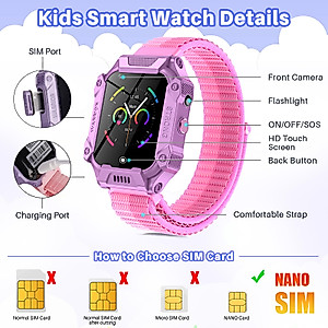 4G Kids Smart Watch with GPS Tracker and Calling, HD Touch Screen Kids Cell Phone Watch Combines SMS, Voice, Video Call, SOS, WiFi, Face Unlock Function, GPS Tracking Watch for Kids Boys Girls 3-15