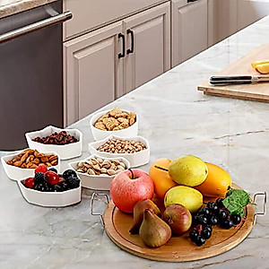 ZENFUN 11.3'' Ceramic Divided Dishes with Bamboo Tray, 6-Compartment Appetizer Tray Removable Snack Bowls, Round Sectional Serving Platter for Candy and Nut, Fruits, Condiment, Party