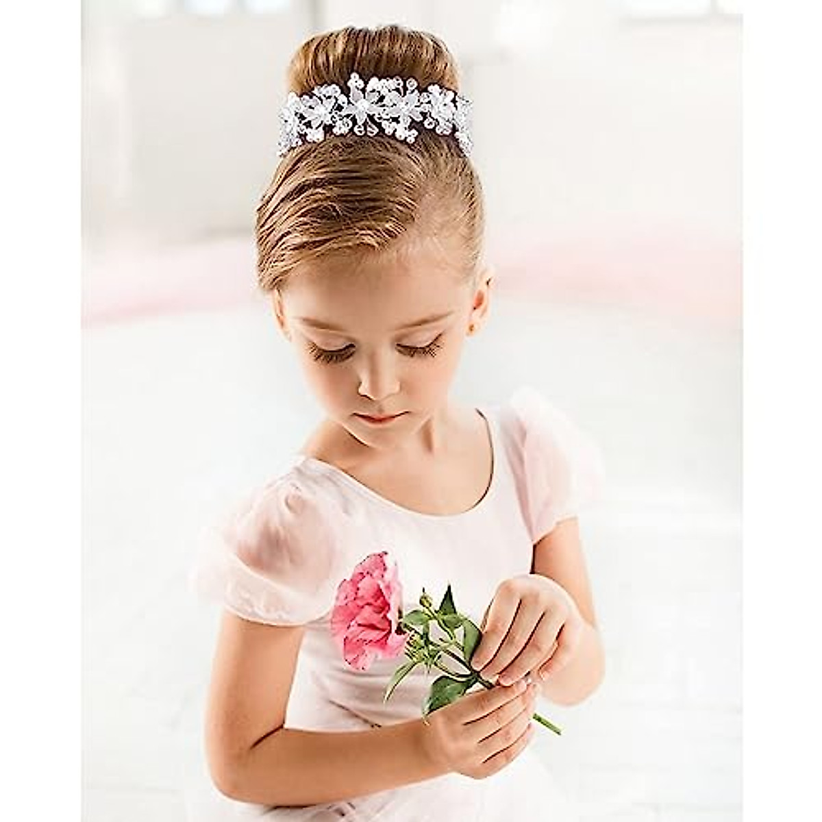CURASA Flower Girl Headpiece Crystal Pearl Headband for Women Wedding Accessories Silver Flower Girl Headband, Princess Crown for Flower Girls Hair Accessories for Birthday Halloween Tiaras for Women