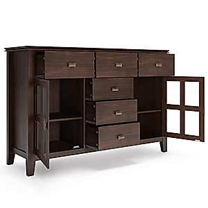 SIMPLIHOME Artisan Solid Pine Wood 54 inch Contemporary Sideboard Buffet Credenza in Dark Chestnut Brown features 2 Doors, 6 Drawers and 2 Cabinets with Large storage spaces