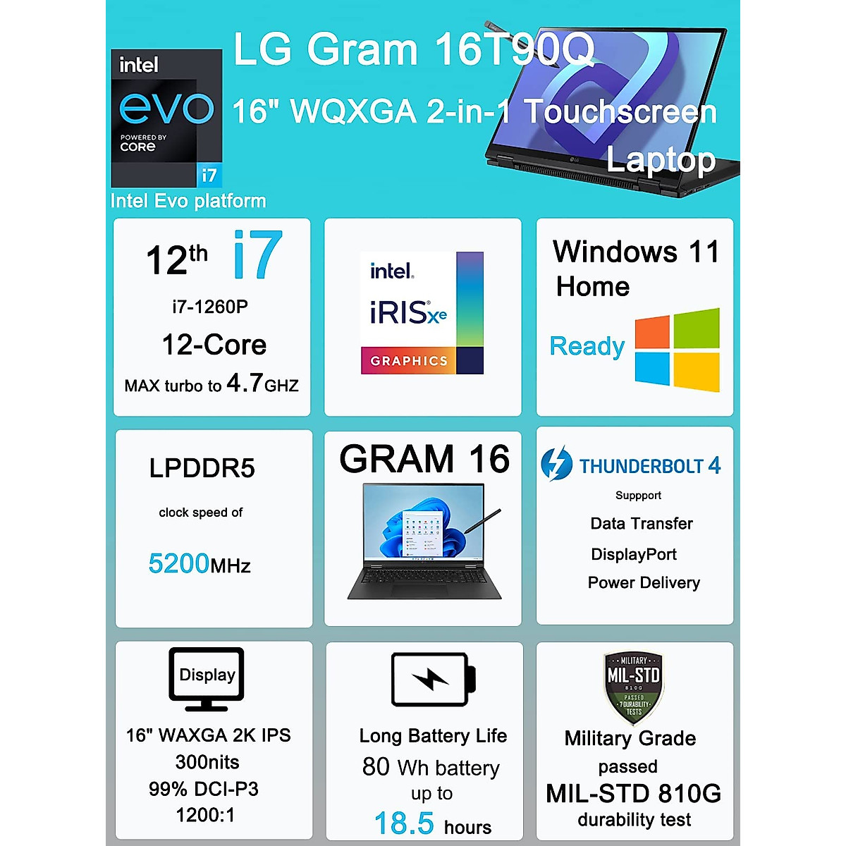 LG Gram 16T90Q 16" WQXGA 2-in-1 Touchscreen (Intel 12th Gen 12-Core i7-1260P, 16GB LPDDR5 RAM, 2TB SSD, Stylus), (2560 x 1600) Business Laptop, Thunderbolt 4, IST Cable, Windows 11 Home, Black