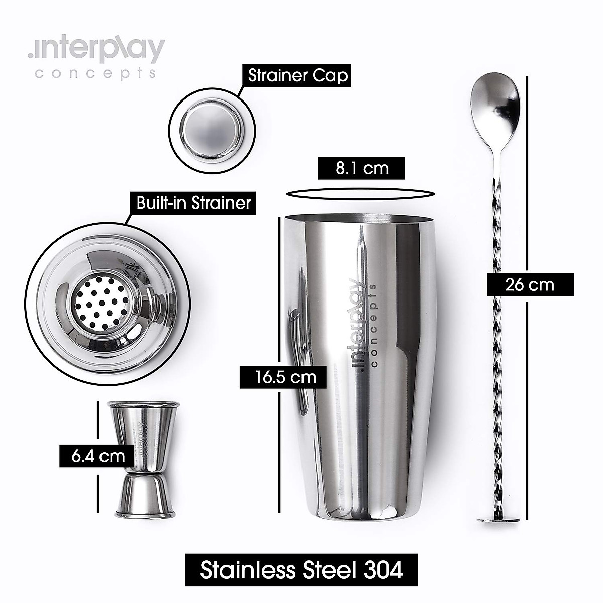 Interplay Concepts 25oz Cocktail Shaker - Large Drink Shaker for Perfect Drinks - Stainless Steel Martini Shaker with Built in Strainer, Jigger & Spoon - Professional Cocktail Shaker Set for Mixing