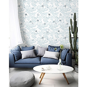 Akywall Ocean Wallpaper Peel and Stick White and Blue Contact Paper Textured Sea Coral Starfish Shells Self Adhesive Vinyl Roll Stick on Wallcovering Cute for Home Decor 78.7in