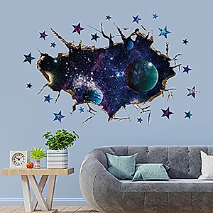 ASMPIO 3D Space Galaxy Wall Decor Stickers, Removable Broken Outer Space Planet Waterproof Vinyl Floor Decals, 3D Art Magic Wall Mural Decals for Kids Bedroom Living Room Nursery Home Wall Decor
