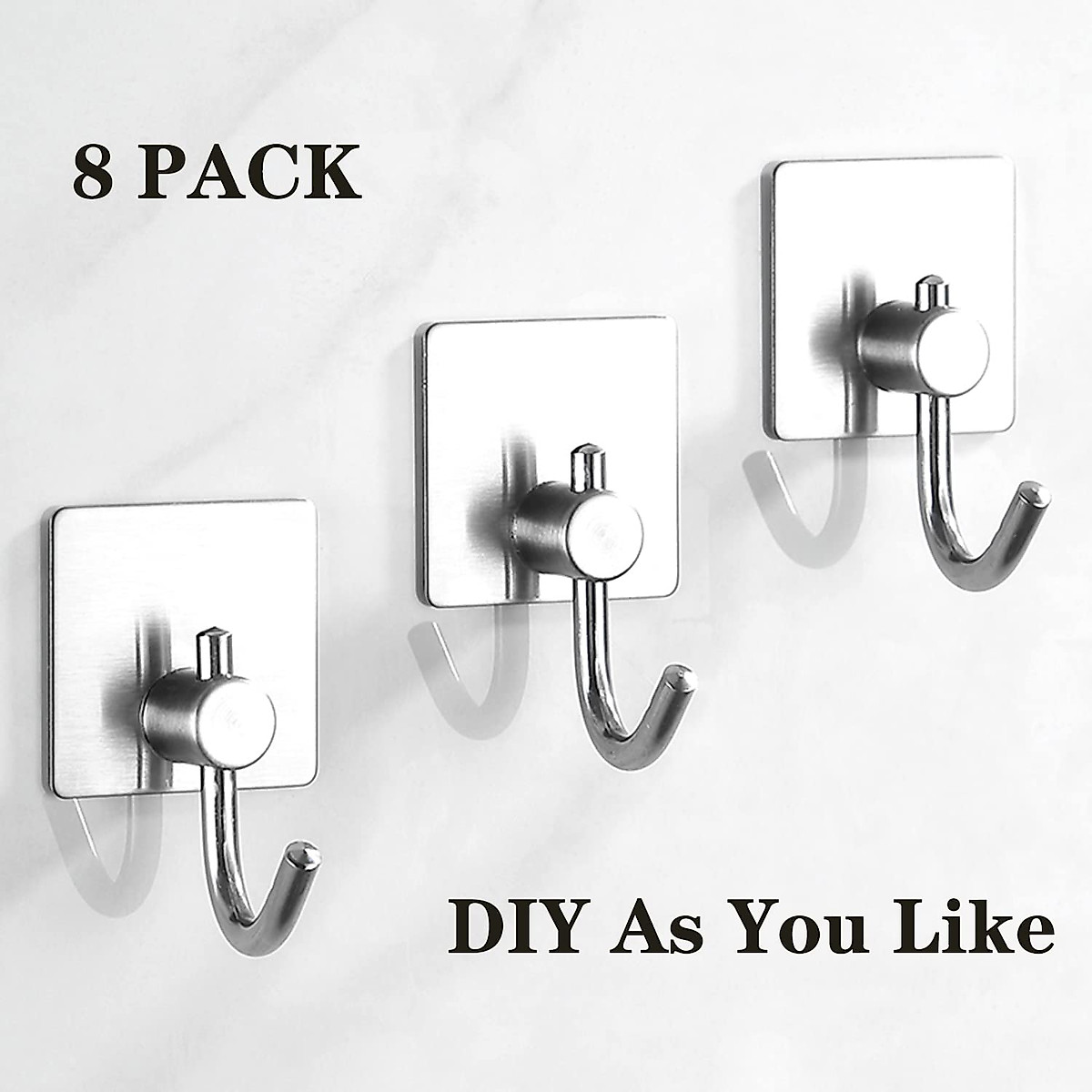 8 Pack Adhesive Hooks Heavy Duty Stainless Steel Black Wall Hooks Sticky Holder Waterproof Aluminum Towel Hooks for Hanging Coat Hat Key Clothes Closet Hook Wall Mount for Kitchen Bathroom Office