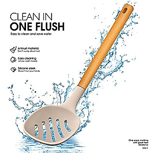 Large Silicone Cooking Utensils Set - Heat Resistant Silicone Utensils for Cooking w Long Wooden Handles, Kitchen Utensil Spatula Set, Kitchen Gadgets for Non-Stick Cookware, BPA Free(Khaki)