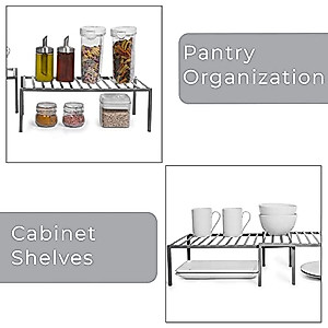 Smart Design Premium Extendable Storage Shelf – Lengthen from 16 to 32.5 in, Charcoal Gray – Steel Pantry Organizer with Rust-Resistant Finish and Non-Slip Feet for Easy Home Organization and Storage